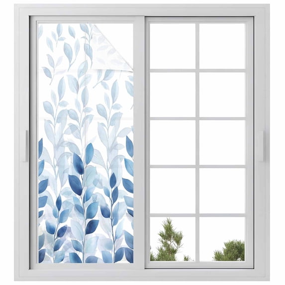 Blue Leaf Window Privacy Film, Watercolor Country Plant Monochrome ...
