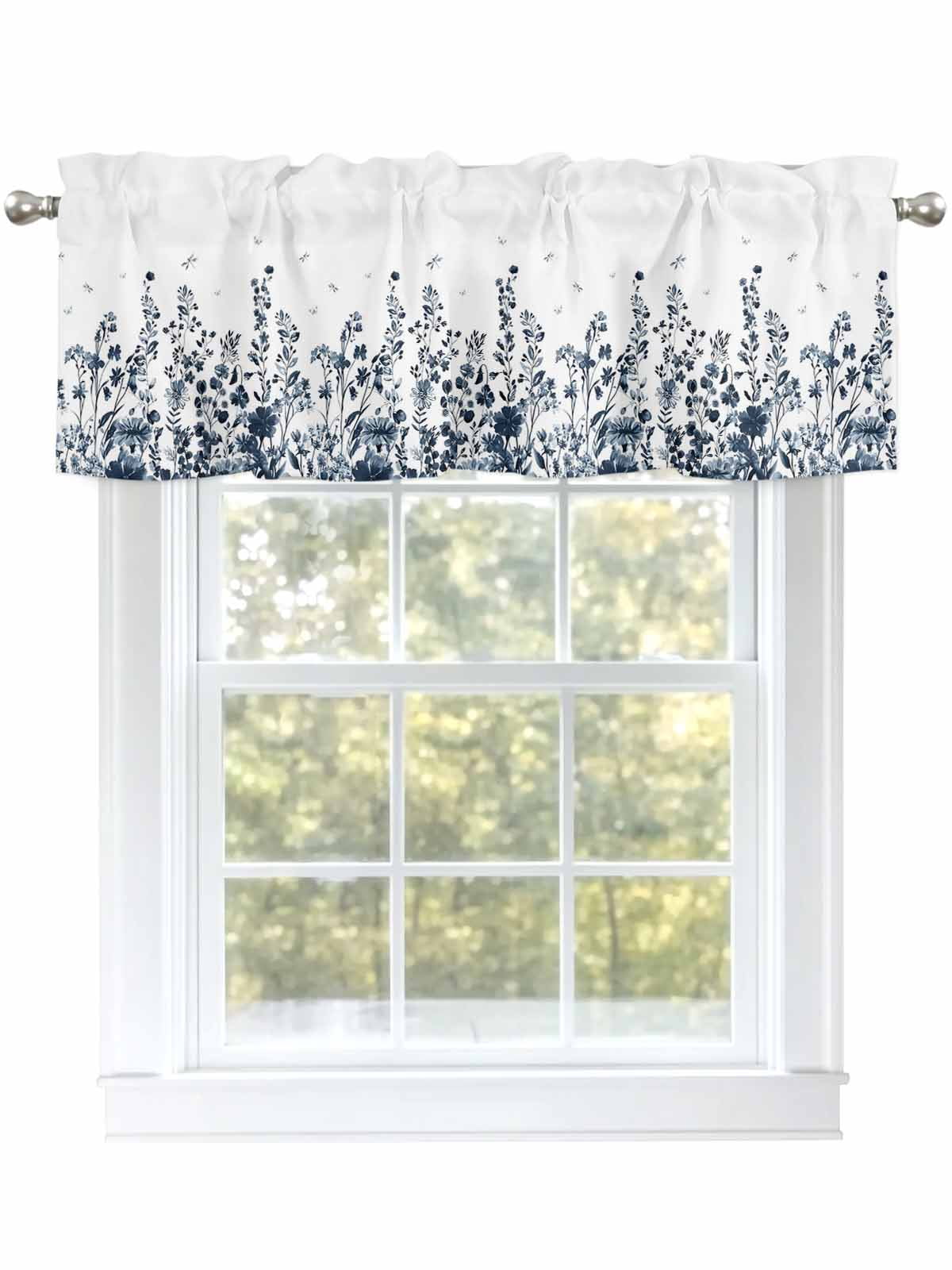 Blue Leaf Window Valances for Kitchen, Flower Dragonfly Ink Style Rod ...