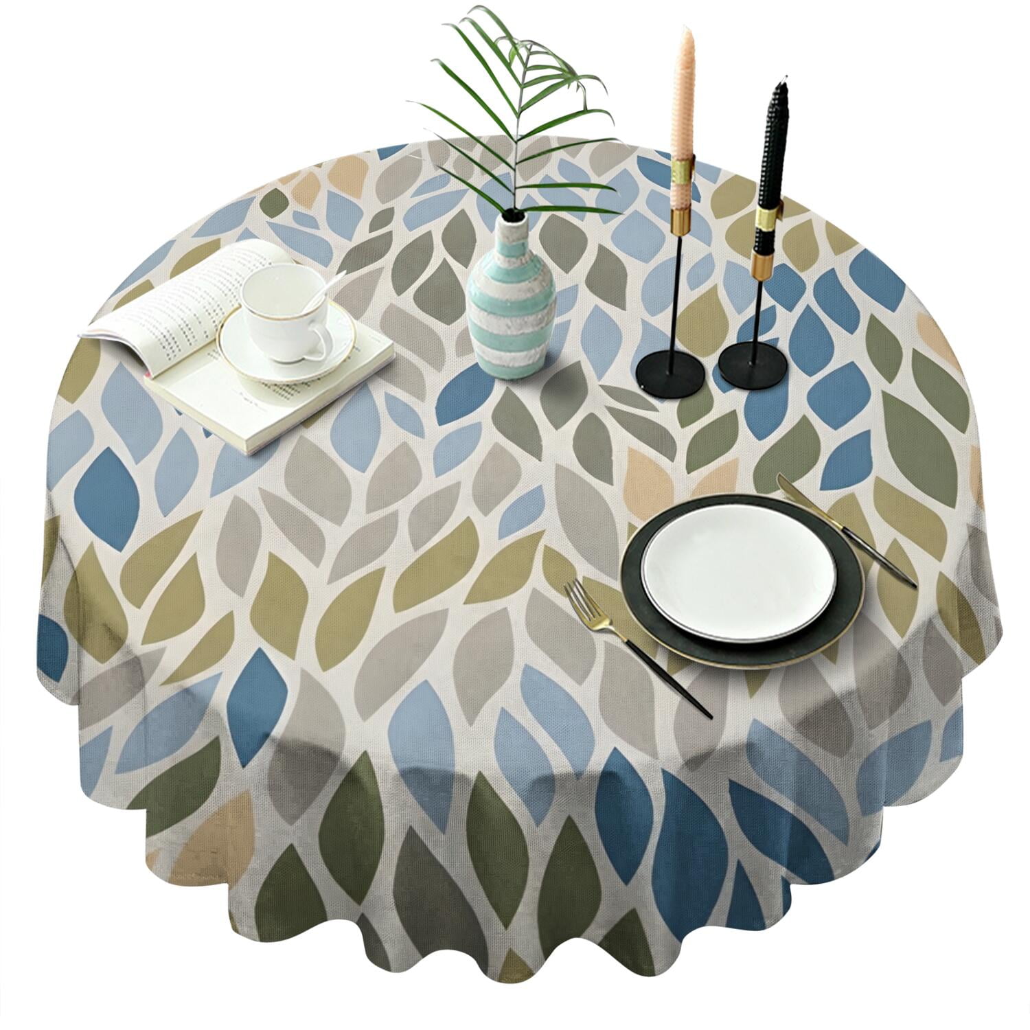 Blue Leaf and Vine Pattern Round Tablecloth 60"x60",Wrinkle Wipeable ...