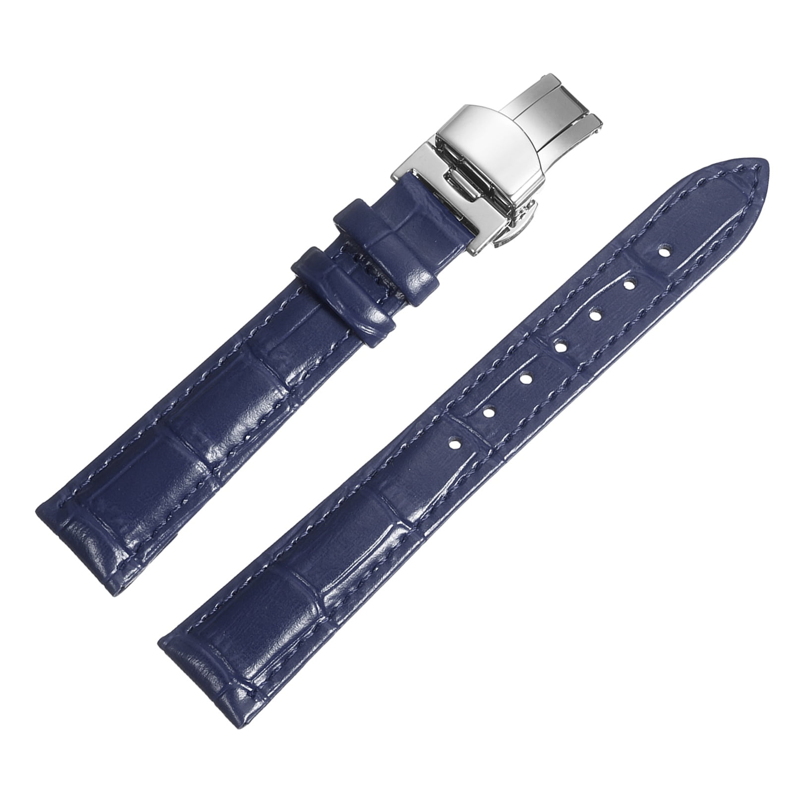 Blue Leather Watch Band 17mm Quick Release Genuine Strap with Silver ...