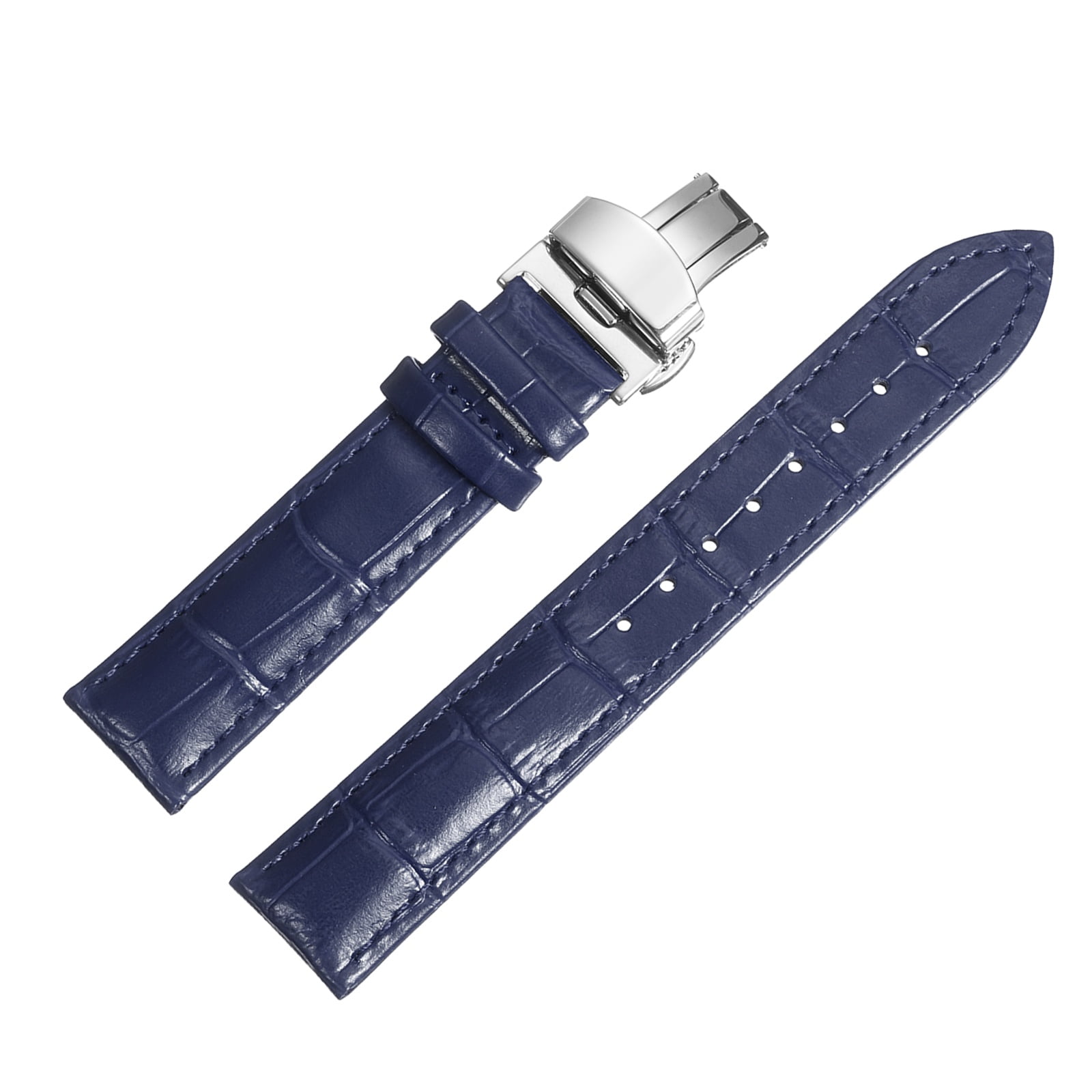 Blue Leather Watch Band 19mm Quick Release Genuine Strap with Silver ...