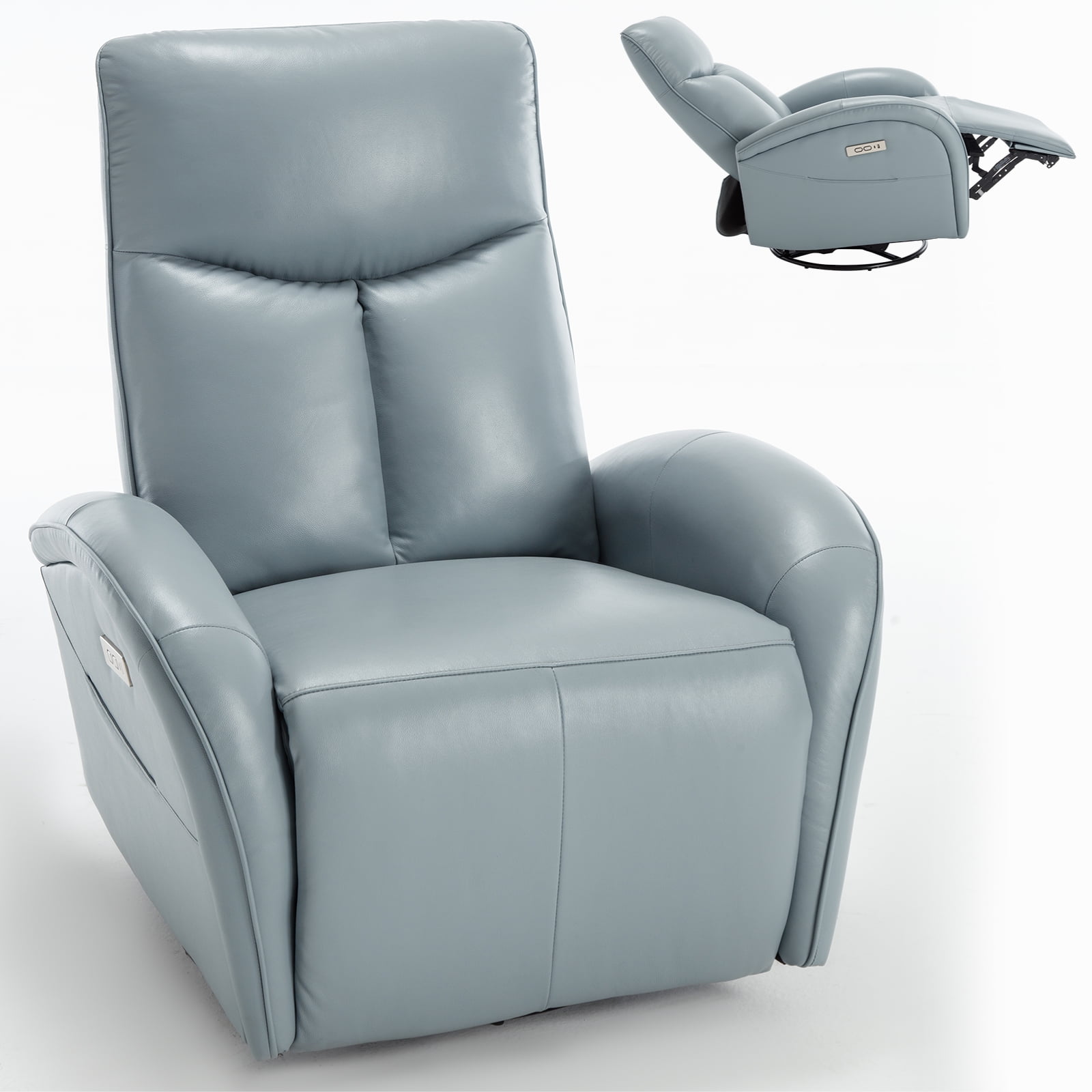 Blue Leatheraire Swivel and Rocker Power Recliner Chair with Lumbar ...
