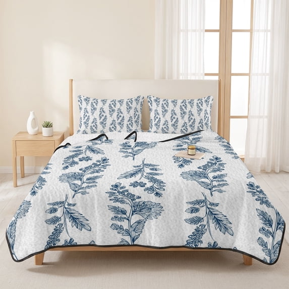 Blue Leaves Abstract Herb 3 Pieces Quilt Set,1 Quilt with 2 Shams ...