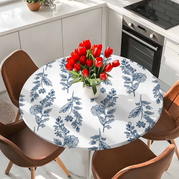 Blue Leaves Abstract Herb Round Fitted Tablecloth with Elastic Edge ...