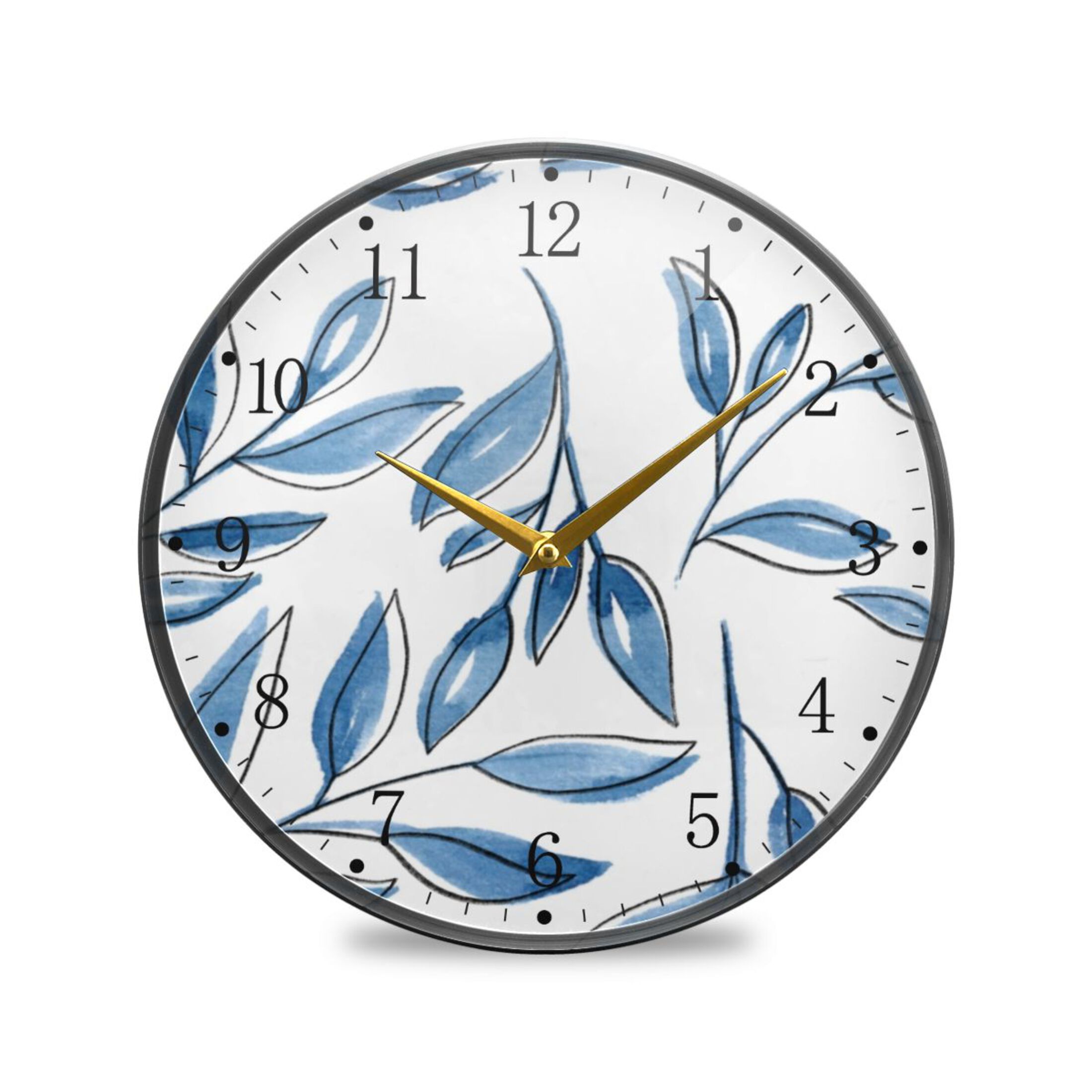 Blue Leaves Acrylic Wall Clocks Quiet Round Clock Battery Operated Non ...