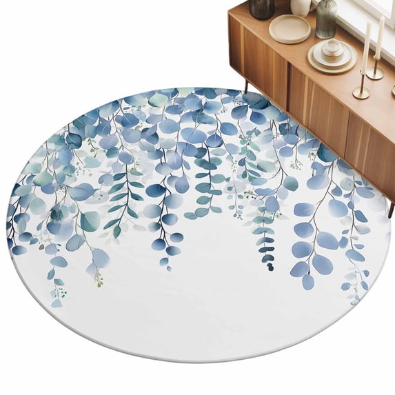 Blue Leaves Area Rugs 5' (Round) Eucalyptus Leaf Floor Rug Non Slip Low ...