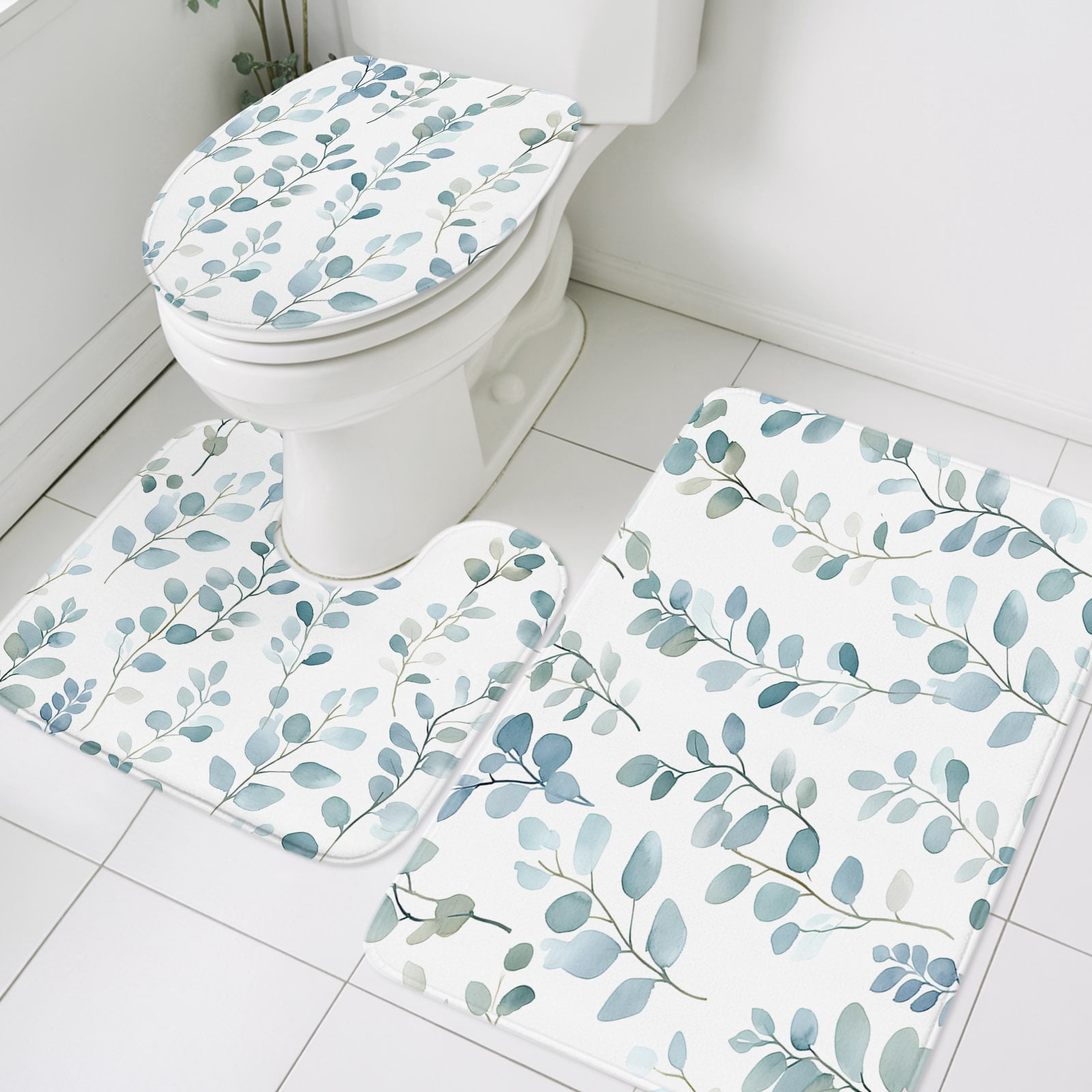 Blue Leaves Bathroom Rugs Set Watercolor Branch Spring Farmhouse Plant ...