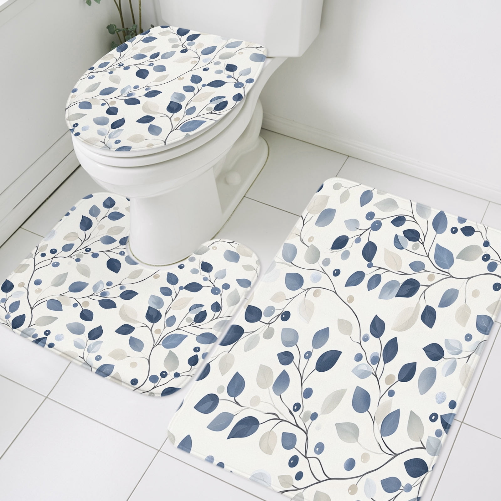 Blue Leaves Bathroom Rugs Set Watercolor Leaf Country Style Farmhouse ...