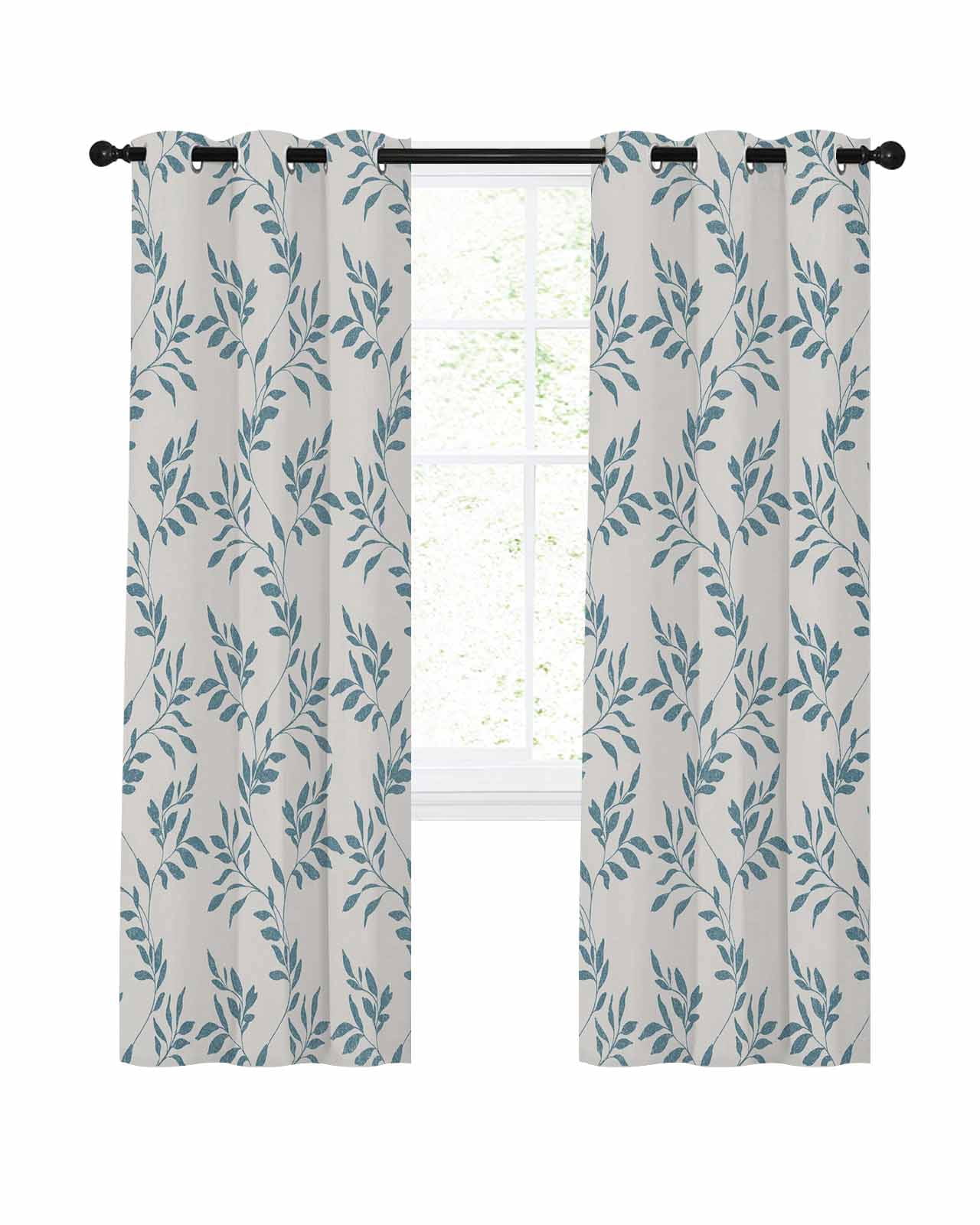 Blue Leaves Blackout Curtains, Light Blocking Print Window Curtains ...