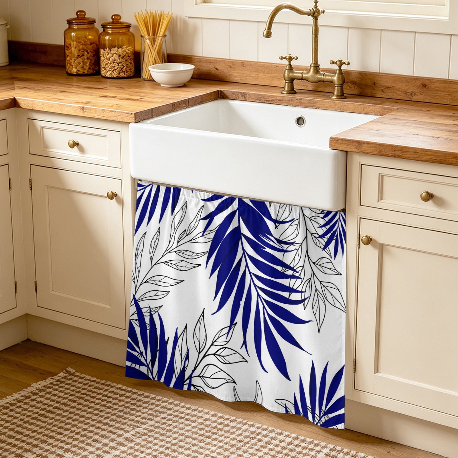 Blue Leaves Cabinet Curtains 35"W x 35"L, Abstract Modern Geometric ...