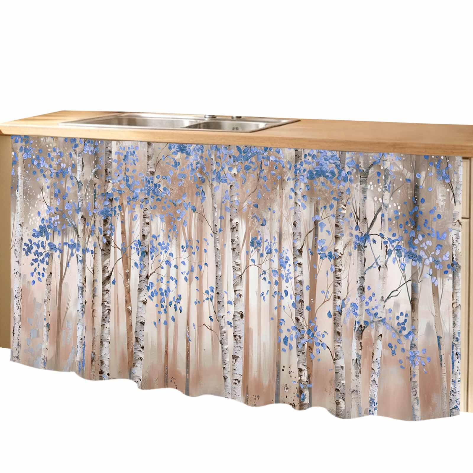 Blue Leaves Cabinet Curtains Forest Painting Art Style Sink Skirt ...