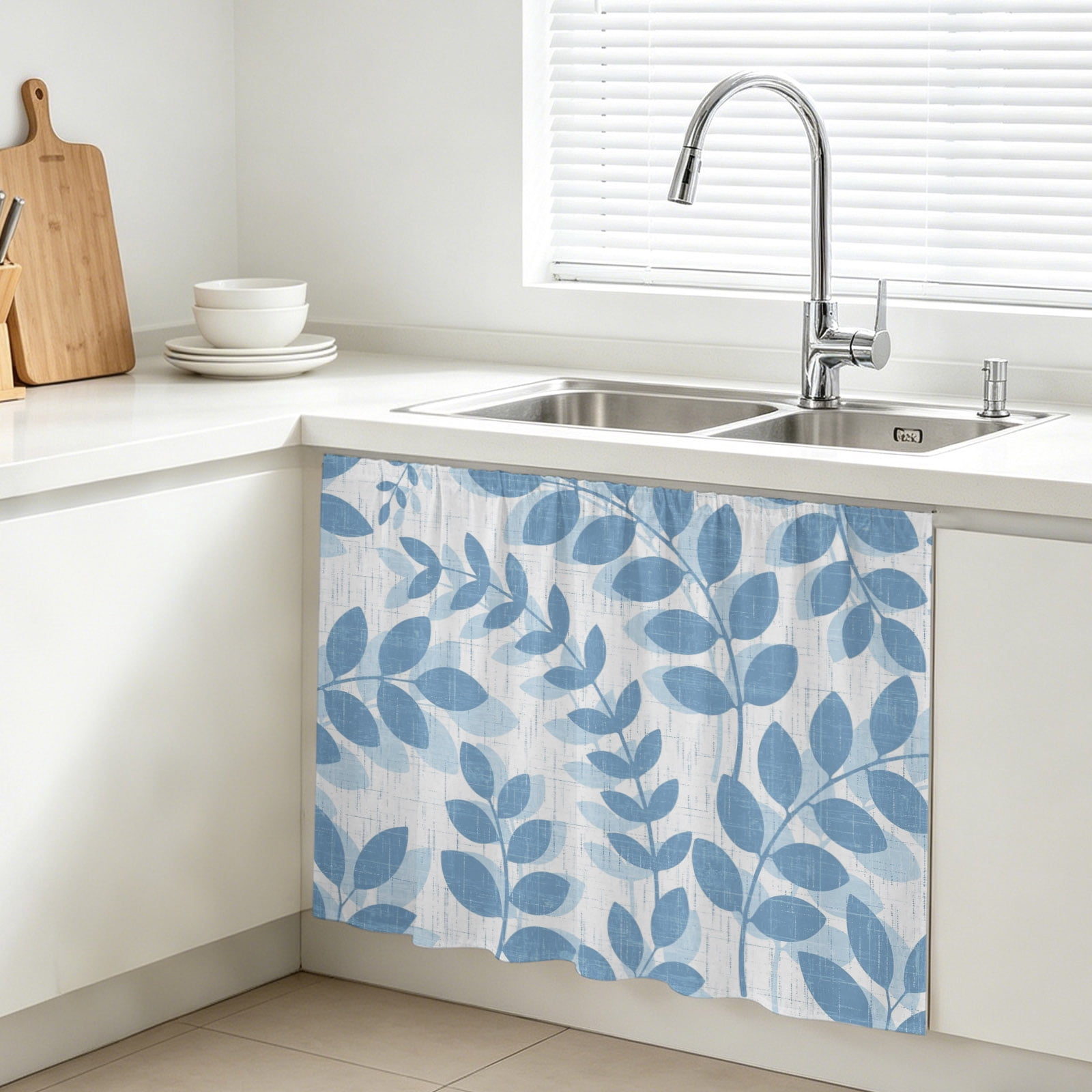 Blue Leaves Cabinet Curtains for Kitchen 11"W x 13"L, Farmhouse Branch ...