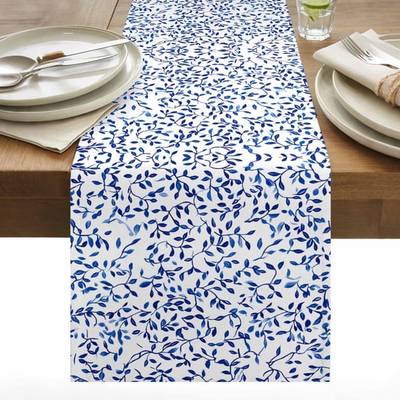 Blue Leaves Cotton Linen Table Runner American Pastoral Leaves Spring ...