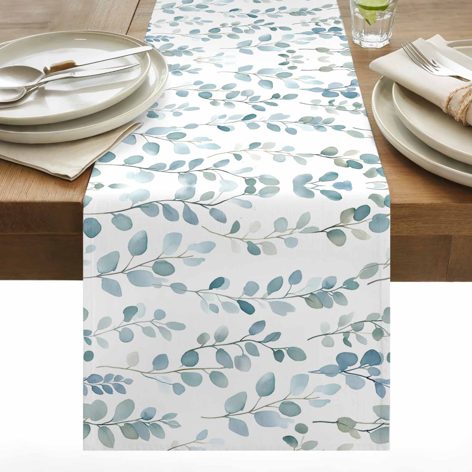 Blue Leaves Cotton Linen Table Runner Watercolor Branch Spring ...