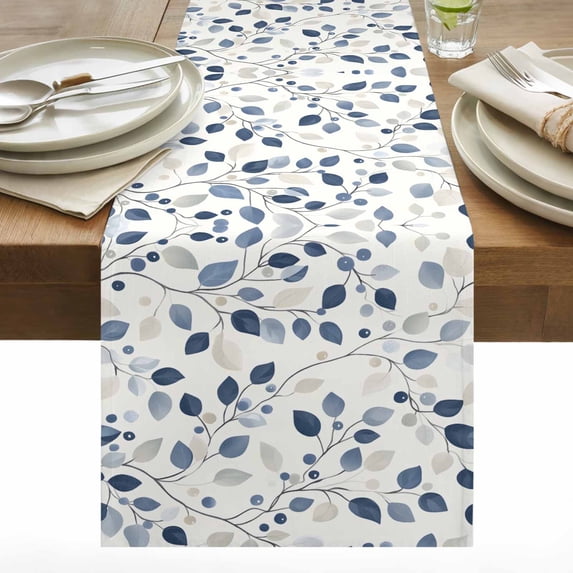 Blue Leaves Cotton Linen Table Runner Watercolor Leaf Country Style ...
