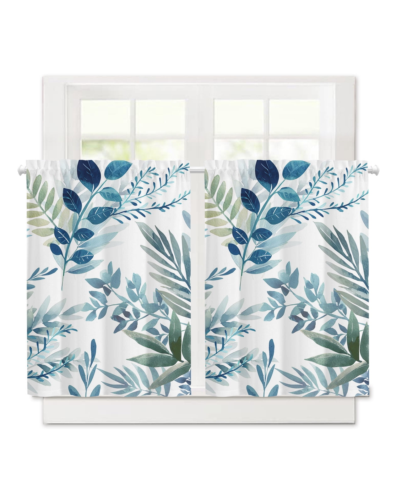Blue Leaves Country Botanical Short Blackout Curtains 36 Inch Long ...