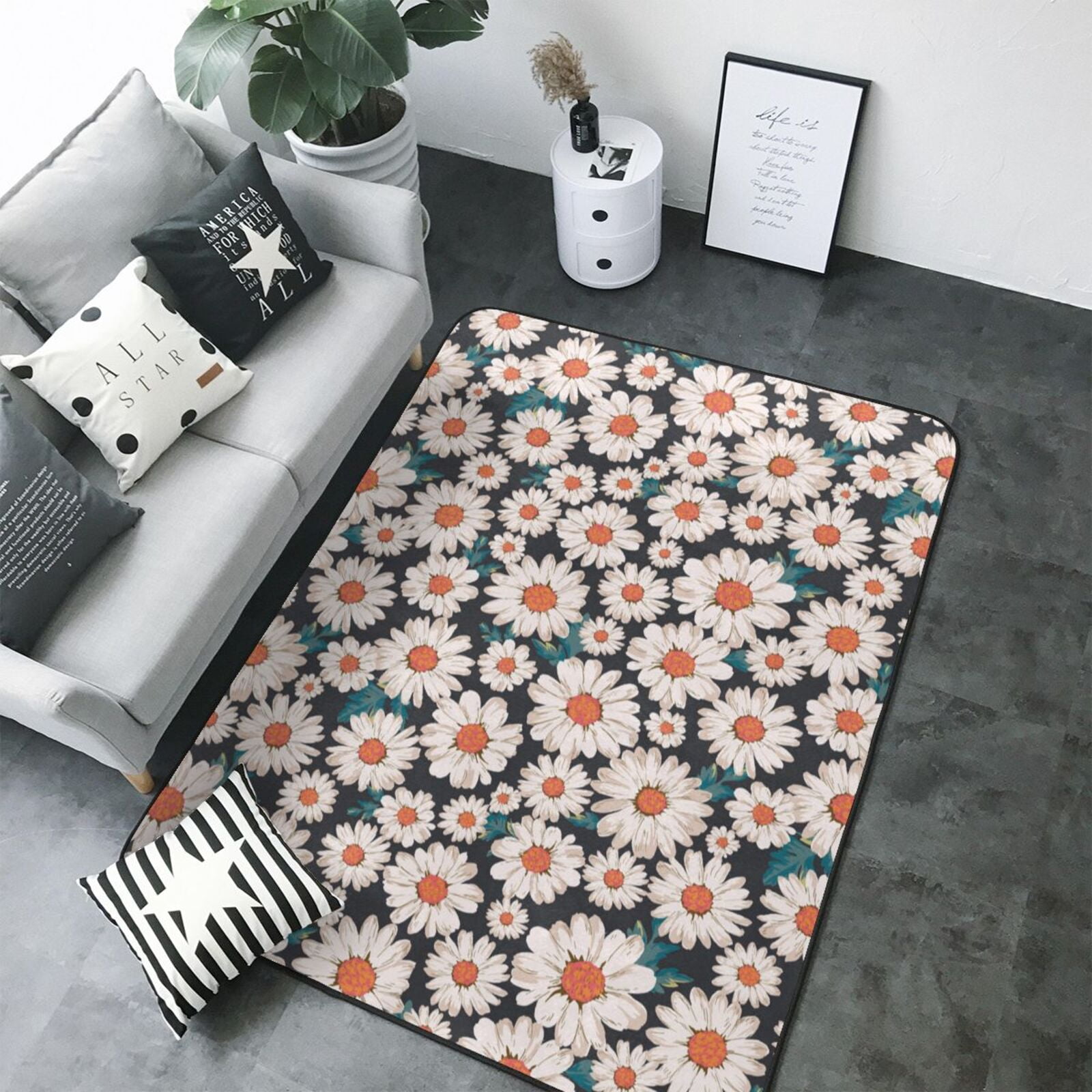 Blue Leaves Daisies Flowers Area Rugs for Living Room Bedroom, 5x7 Soft ...