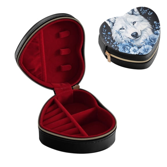 Blue Leaves Flowers White Wolf PU Leather Heart-shaped Jewelry Box ...