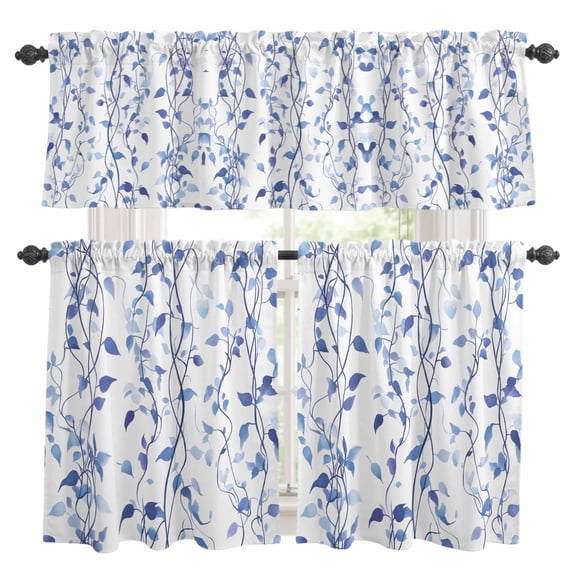 Blue Leaves Kitchen Curtains Set for Windows, Watercolor Leaf Summer ...