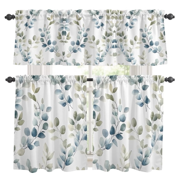 Blue Leaves Kitchen Curtains Valance and Tier Set Farmhouse Plant ...