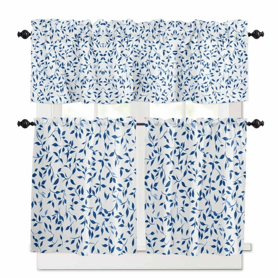 Blue Leaves Kitchen Curtains Valances and Tiers Set of 3 American ...