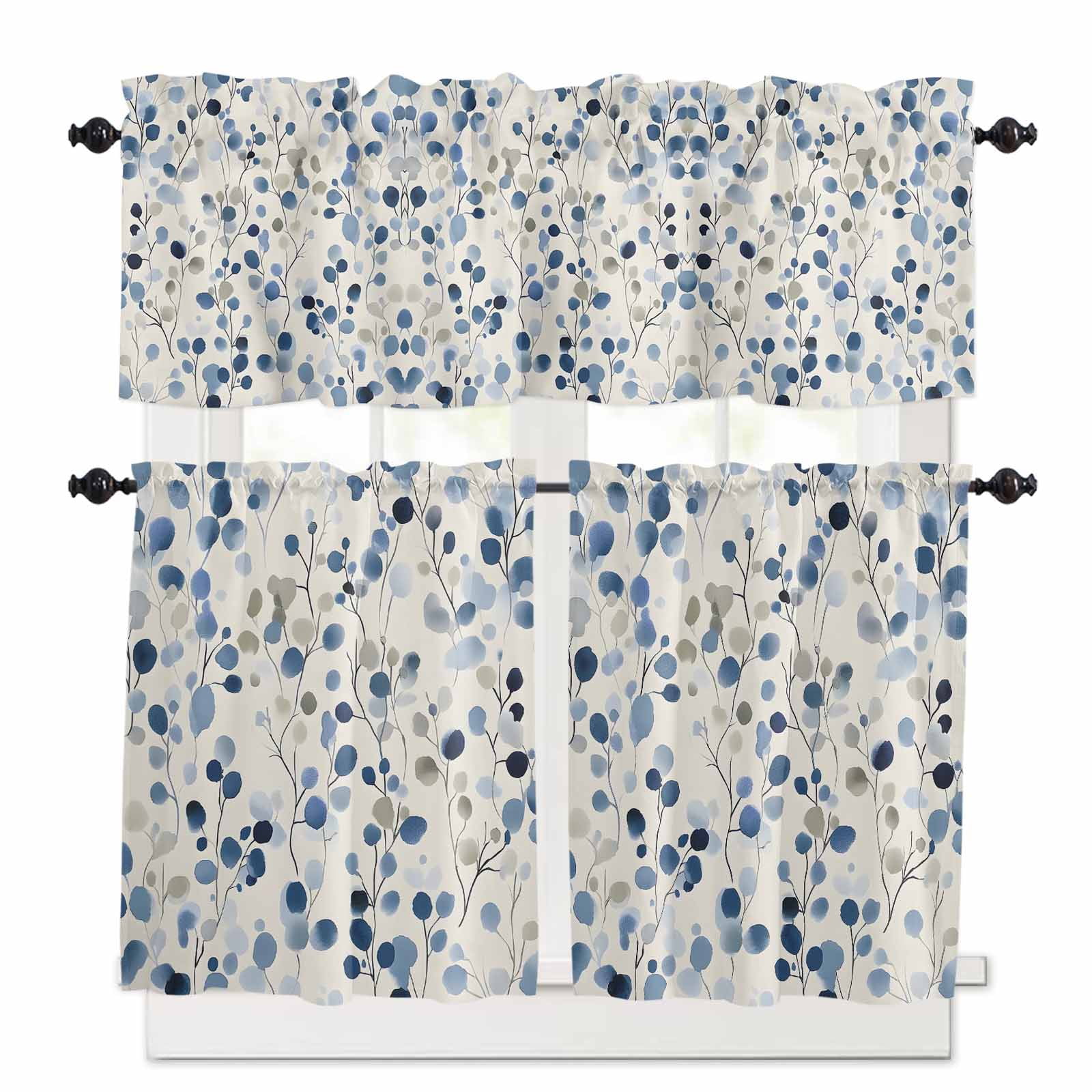 Blue Leaves Kitchen Curtains Valances and Tiers Set of 3 Watercolor ...