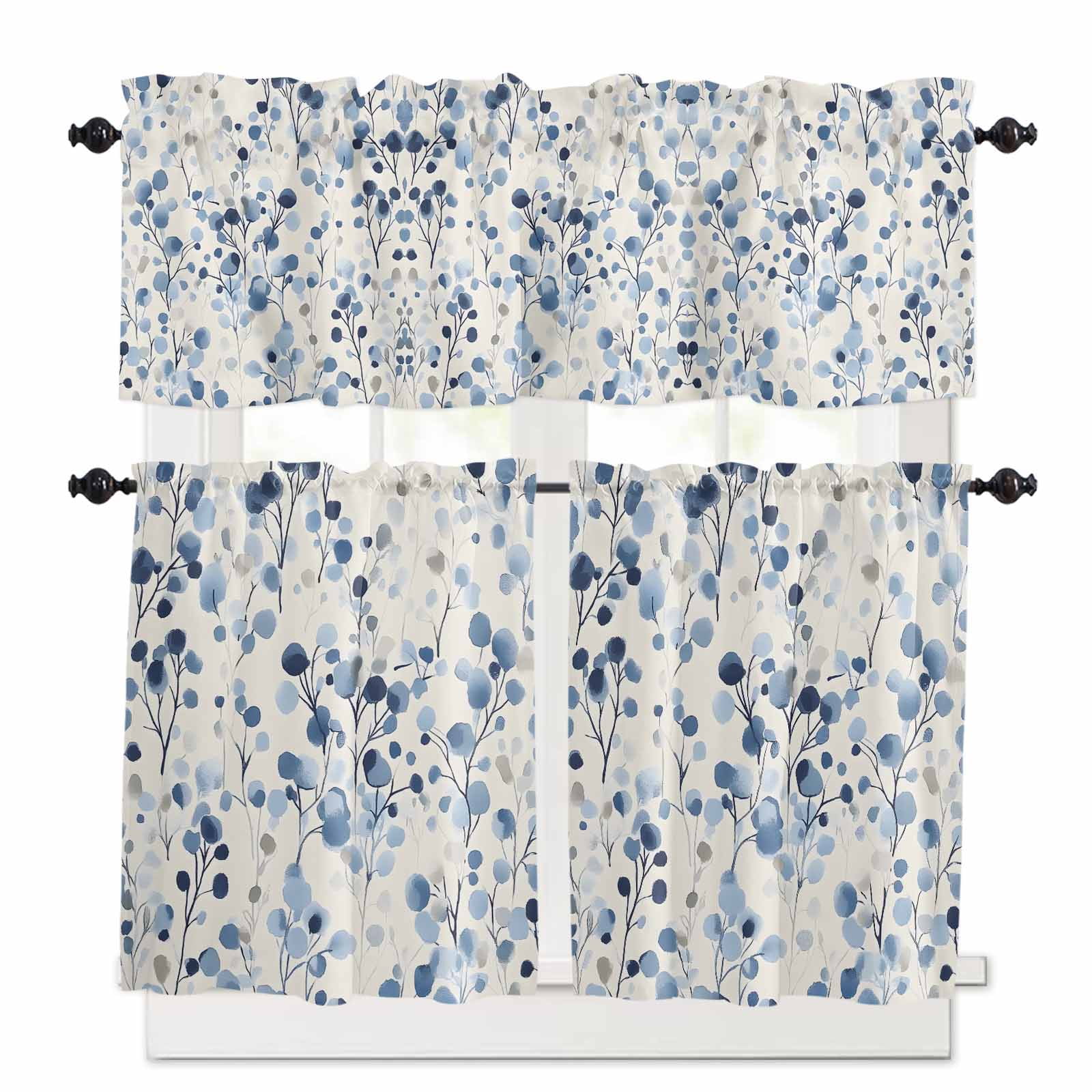 Blue Leaves Kitchen Curtains Valances and Tiers Set of 3 Watercolor ...