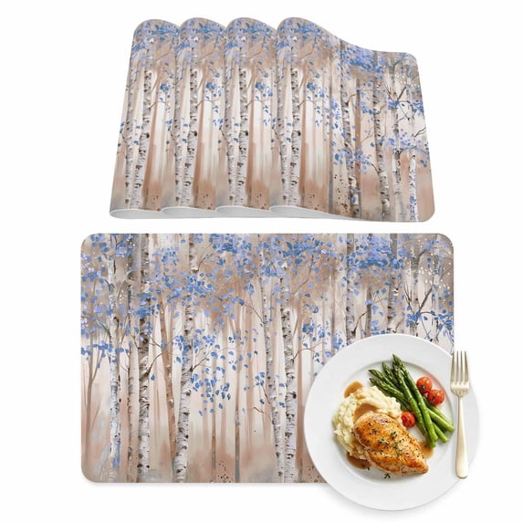 Blue Leaves Leather Placemats Set of 4, 12x18 Inch, Forest Painting Art ...
