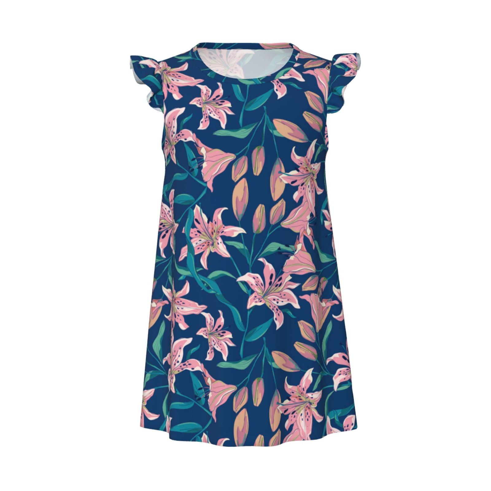 Blue Leaves Lilies Flowers Girls Nightgowns, Short Sleeves Dress Girls ...