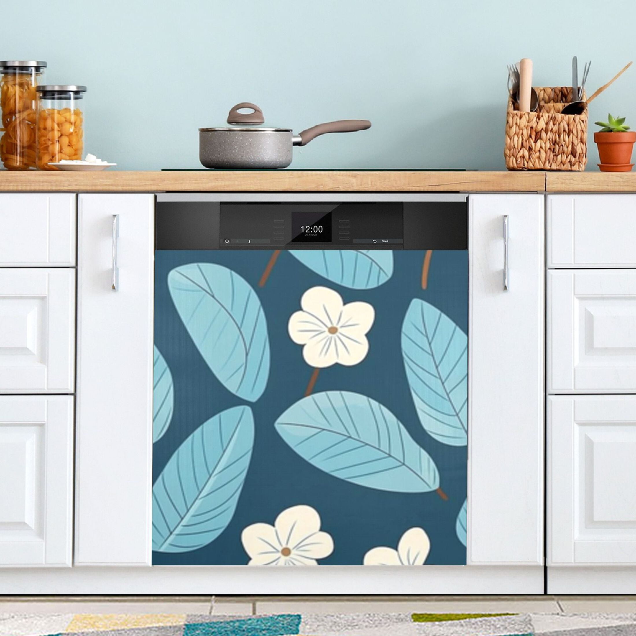 Blue Leaves and Little Flowers Dishwasher Magnet Cover Reuseable ...