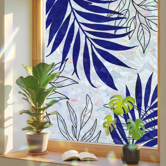 Blue Leaves Privacy Window Film, Decorative Stained Glass Window Film ...
