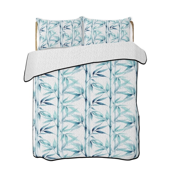 Blue Leaves Quilts Bedding Set King Size Minimalist Natural Style Ink ...