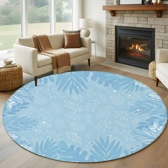 Blue Leaves Round Area Rug 5 FT, Non Slip Bedroom Area Rug, Summer ...