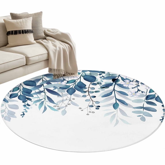 Blue Leaves Round Area Rugs Collection 3.3', Summer Botanical Non Slip ...