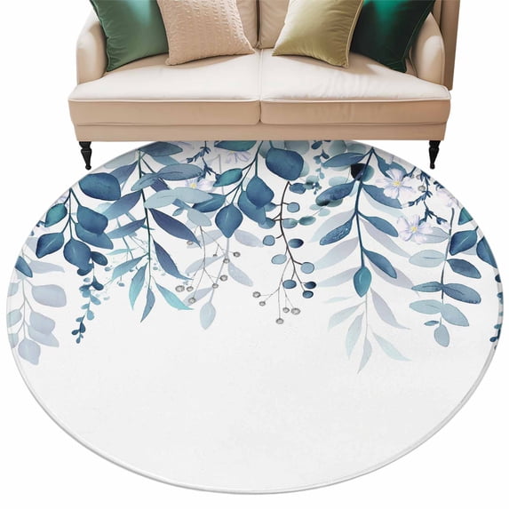 Blue Leaves Round Area Rugs Collection 5', Summer Botanical Non Slip ...