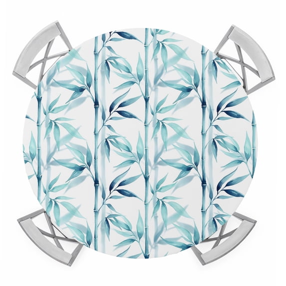 Blue Leaves Round Table Cover, Minimalist Natural Style Ink Painting ...