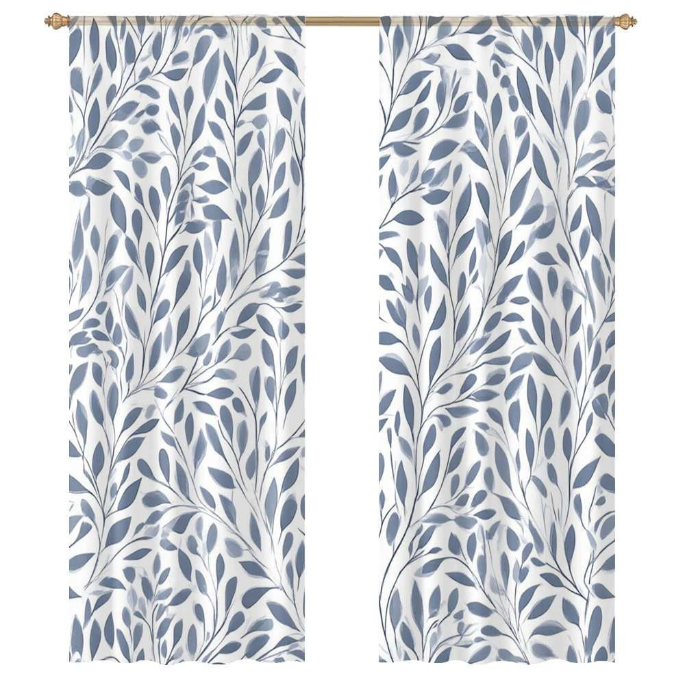 Blue Leaves Seamless Pattern Sheer Voile Curtain Window Tulle Curtains ...