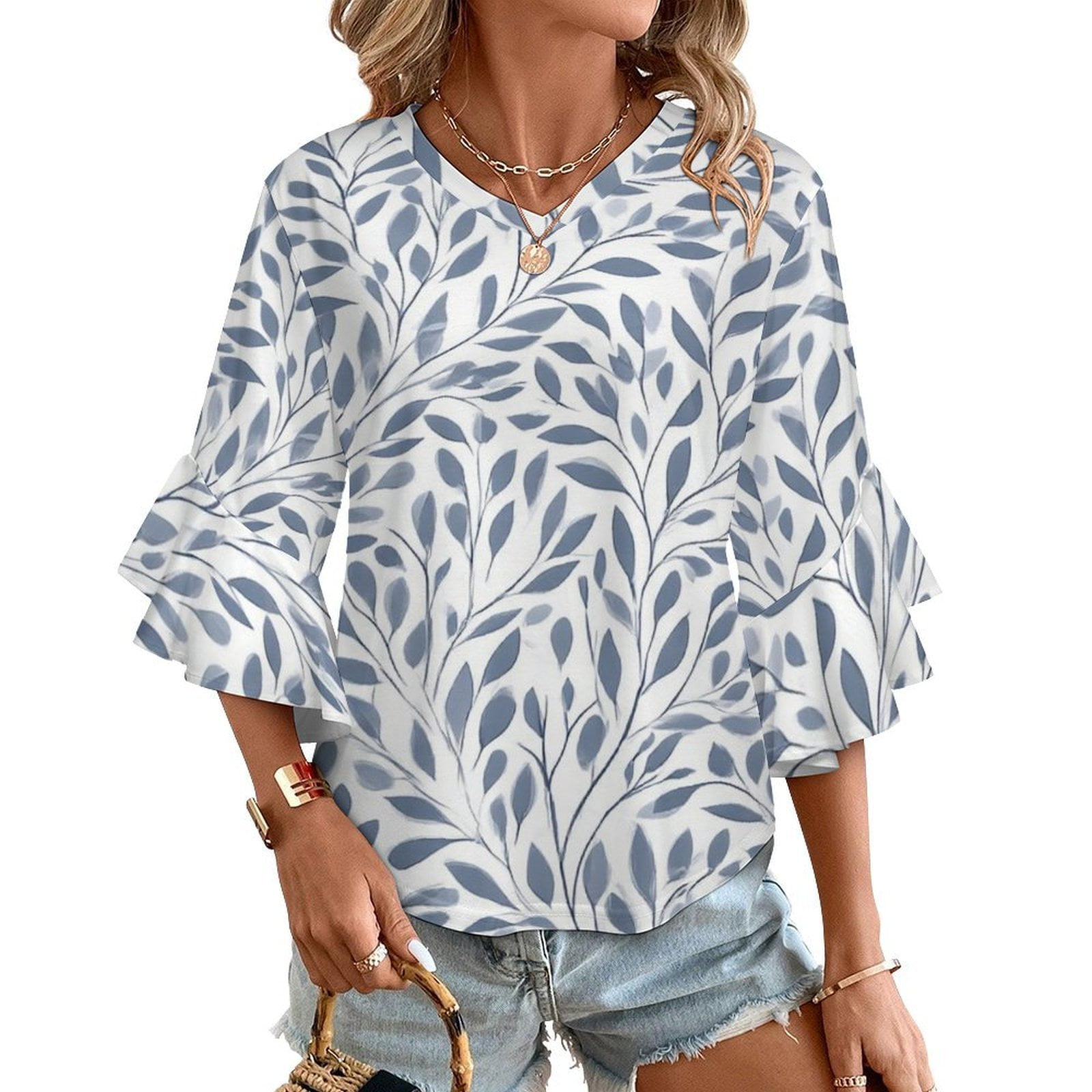Blue Leaves Seamless Pattern Women's V-Neck Blouse With 3/4 Ruffled ...