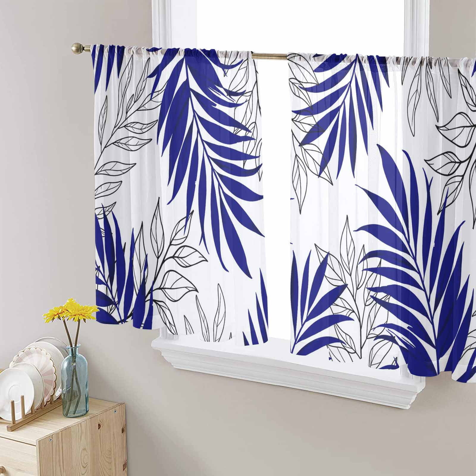 Blue Leaves Sheer Curtains 54 Inches Length 2 Panels Set, Window Sheer ...