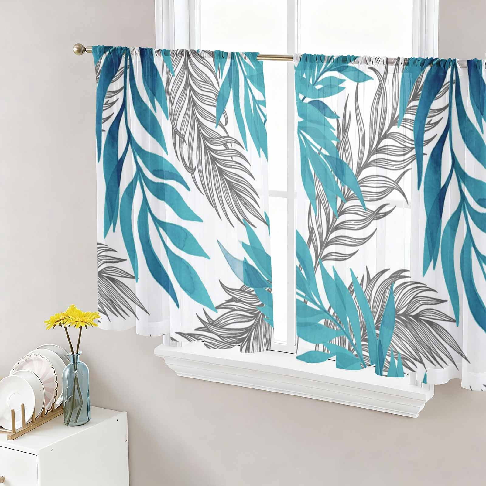 Blue Leaves Sheer Curtains for Living Room Bedroom Willow Leaf Abstract ...