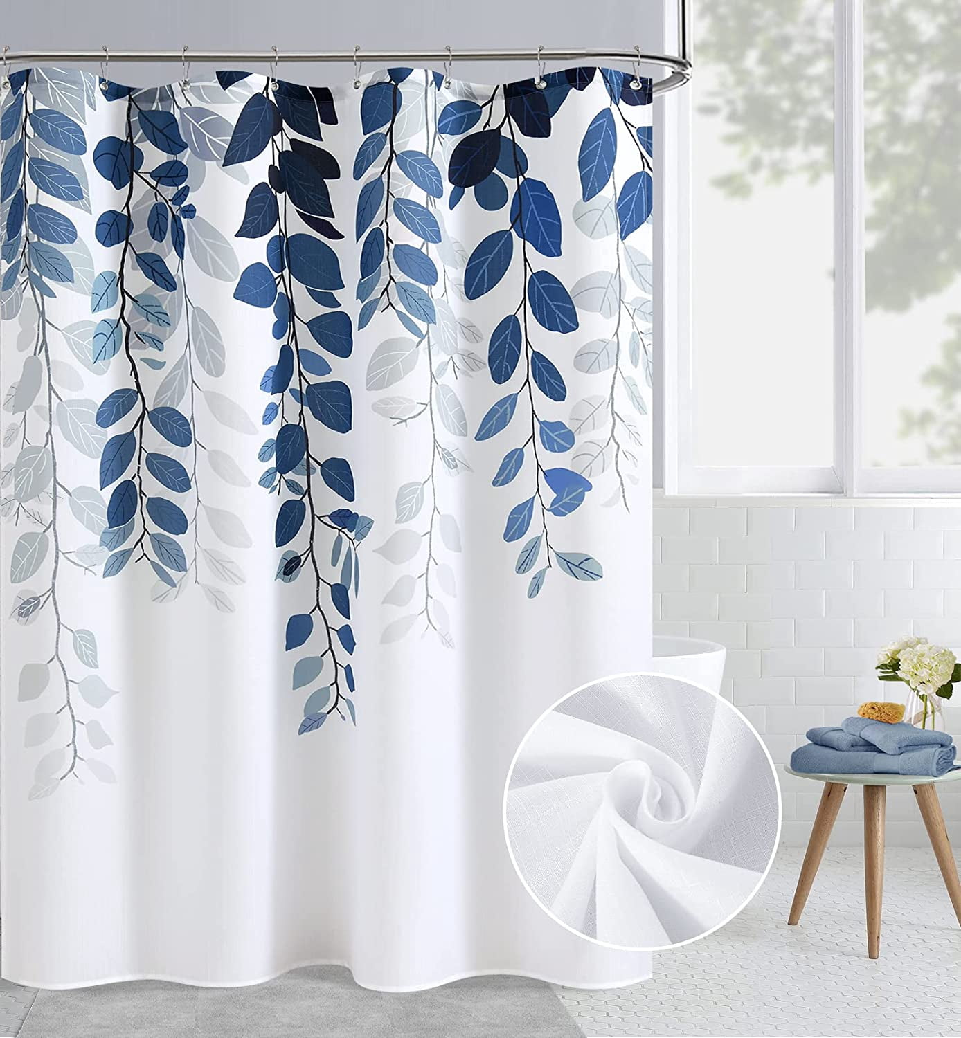 Blue Leaves Shower Curtain for Bathroom Spring Floral Plant Leaves ...