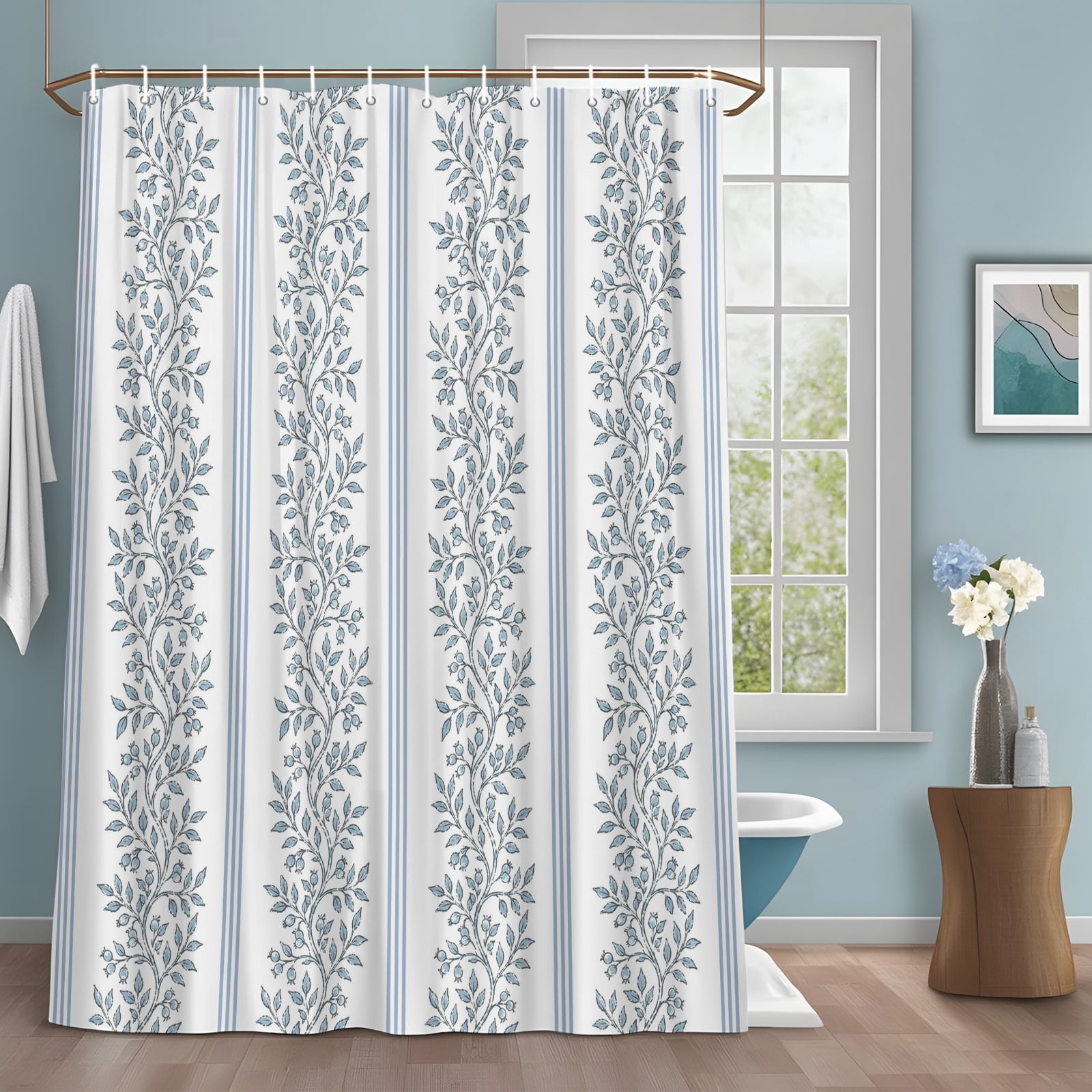 Blue Leaves Shower Curtain Set with Hooks, Country Rustic Pastoral Leaf ...