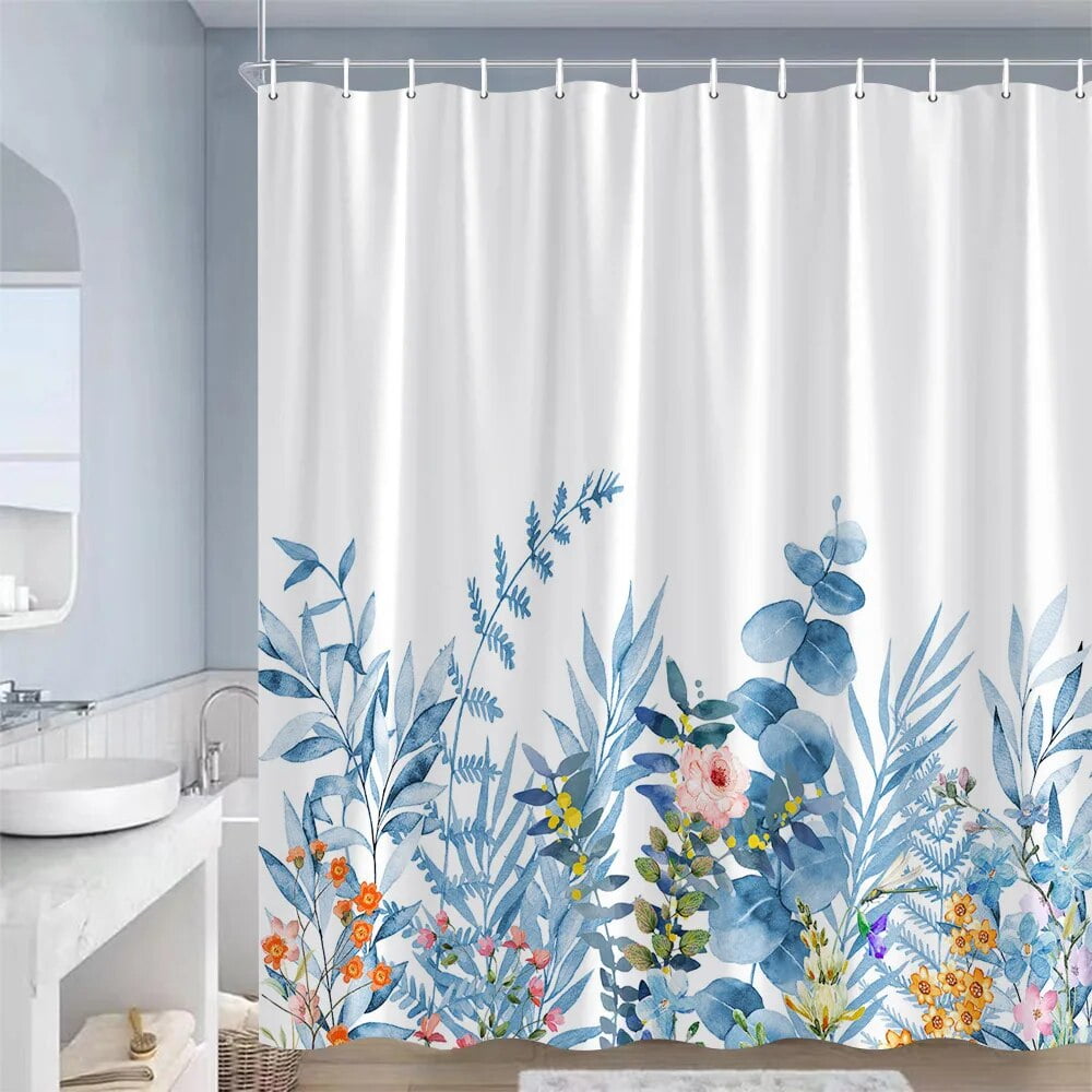 Blue Leaves Shower Curtain Watercolour Plant Eucalyptus Leaf Modern ...