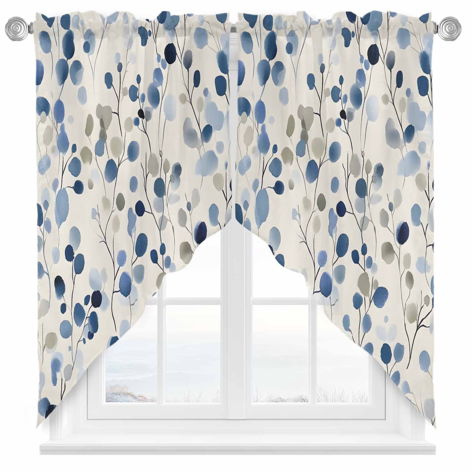 Blue Leaves Swag Curtain Valance for Windows, Watercolor Leaf Farmhouse ...
