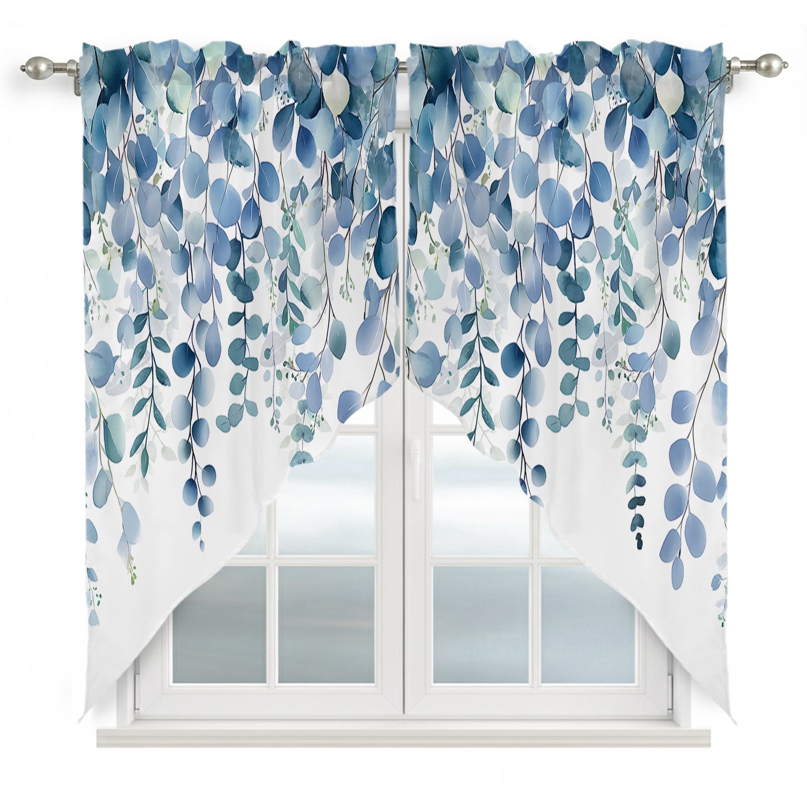 Blue Leaves Swag Curtain Valance for Window 2 Panels Eucalyptus Leaf ...