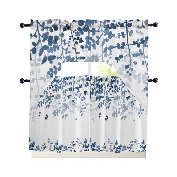 Blue Leaves Swag Kitchen Curtains Sets for Windows 24 Inch Length ...