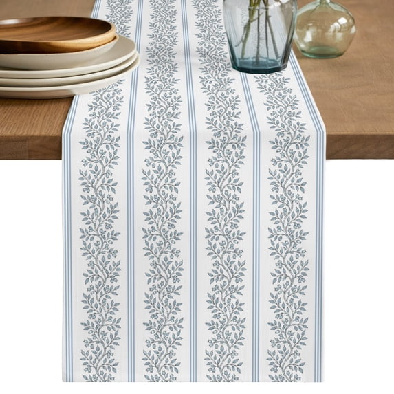 Blue Leaves Table Runner, Country Rustic Pastoral Leaf Vertical Stripe ...