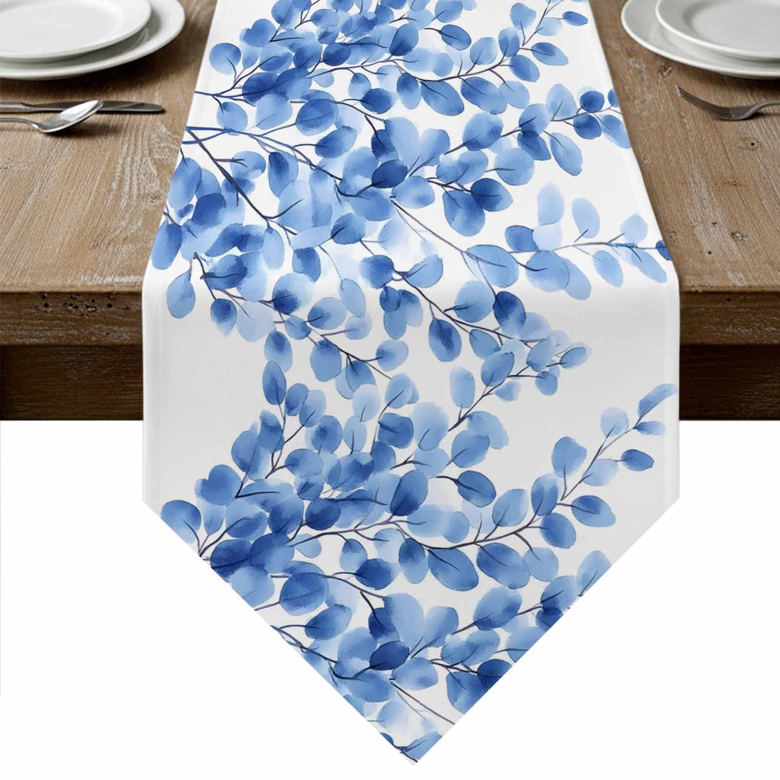 Blue Leaves Table Runner Linen Burlap Table Runner 108 Inches Long ...