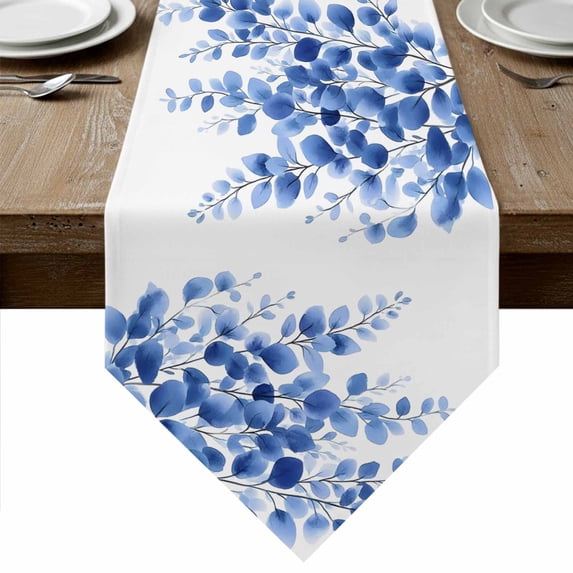 Blue Leaves Table Runner Linen Burlap Table Runner 72 Inches Long ...