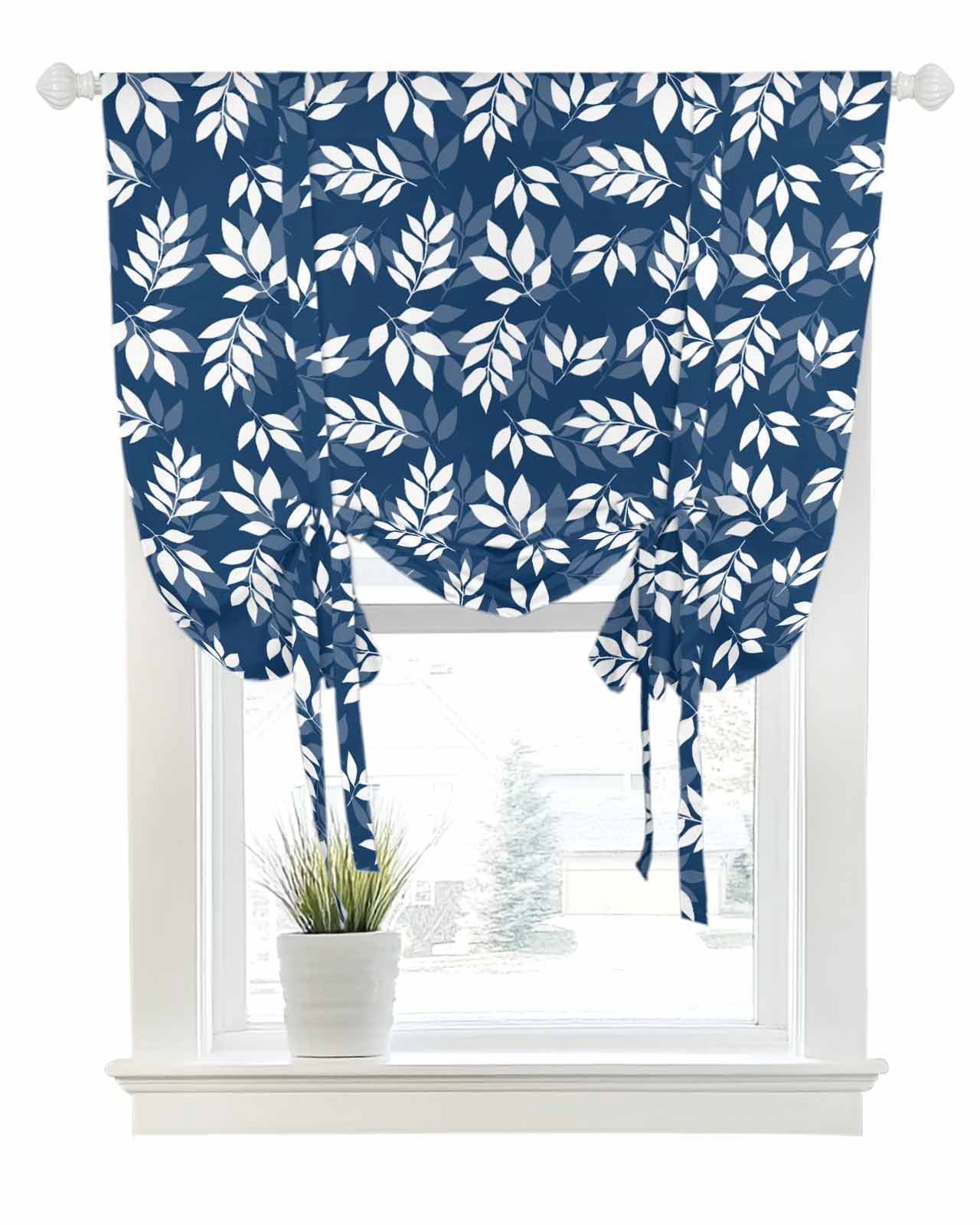 Blue Leaves Tie Up Curtains for Window, Thermal Insulated Balloon Shade ...